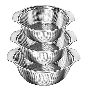 POJORY 3 Piece 304 Stainless Steel 2-3-3.5 Quart Colander Set with Handle, Micro-Perforated Strainers and Colanders, Great for Pasta, Noodles, Vegetables and Fruits, BPA Free