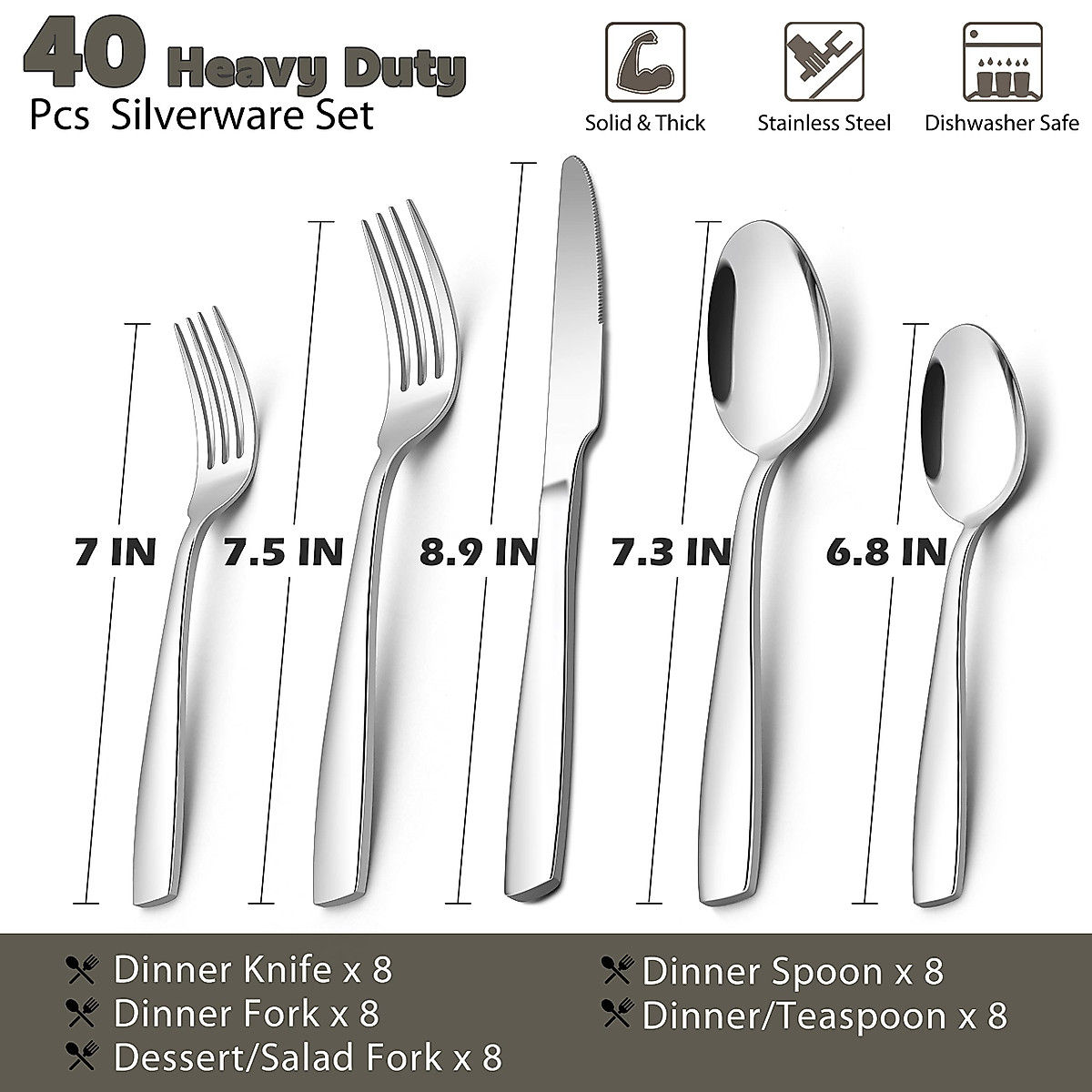 E-far 40-Piece Heavy Duty Silverware Set for 8, Stainless Steel Flatware Cutlery Set, Thick Metal Tableware Eating Utensils Include Forks Spoons Knives, Square Edge & Mirror Polished, Dishwasher Safe