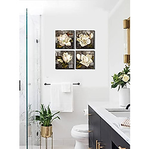 Brown Wall Art Brown Flower Canvas Print for Bathroom Living Room Kitchen Decor Rustic Brown Wall Decor White Flowers Magnolia Floral Canvas Print Art 12x12inchx4pcs