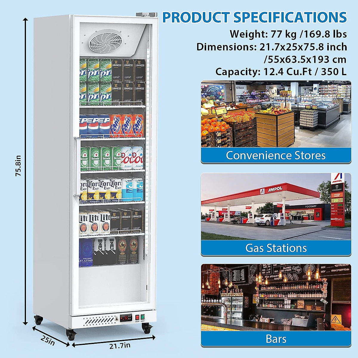 Towallmark Commercial Display Refrigerator, 12.4 Cu.Ft. Beverage Refrigerator Display Fridge, Upright Glass Door Merchandiser Fridge Beverage Cooler with LED Light, Adjustable Shelves