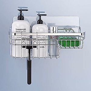 LUXEAR Reusable Adhesive Shower Shelf with Hooks - Rustproof Bathroom Shower Caddy Storage Organizer - Stainless Steel Shower Rack Basket for Shampoo Soap Razor - No glue