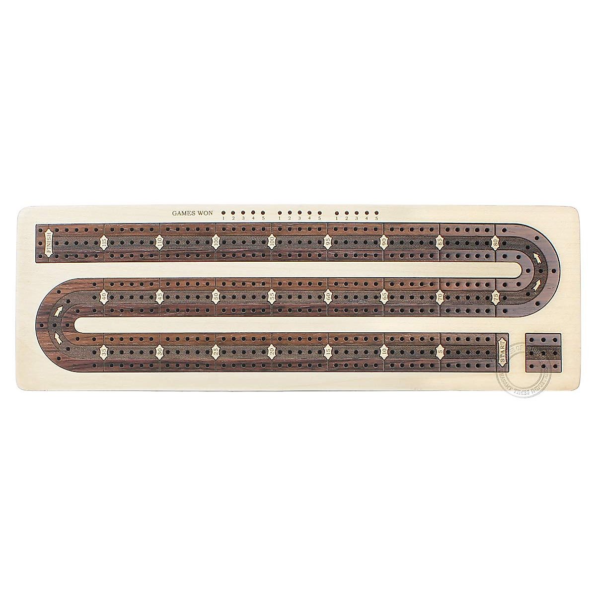 House of Cribbage - 3 Track Continuous Cribbage Board Inlaid in Rosewood - Maple Wood - Size: 12.5 Inches - Storage Drawer for Cribbage Pegs