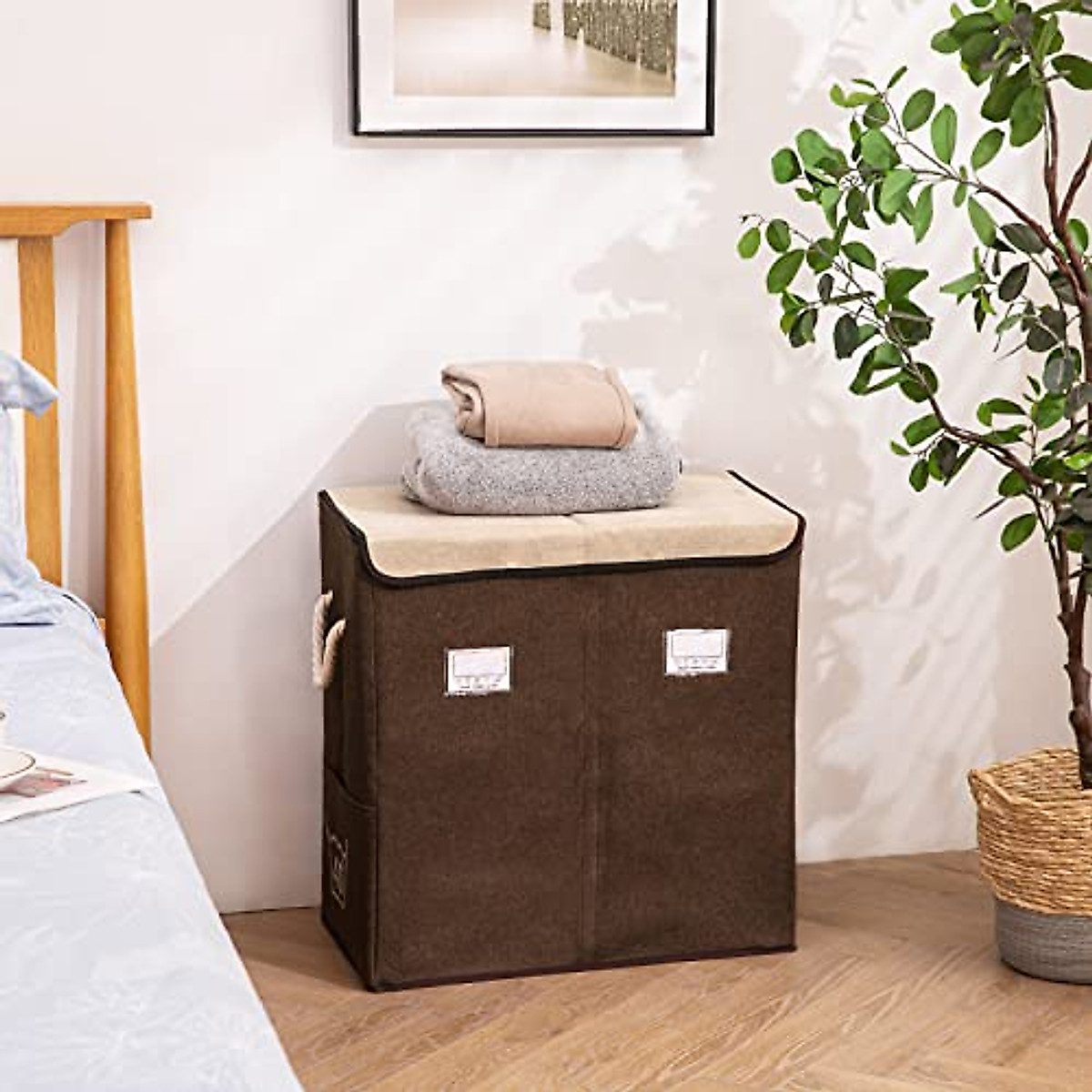 TECHMILLY Double Laundry Hamper with Lid, Large Laundry Basket with 2 Removable Laundry Bags and Pockets, Divided Laundry Hamper 2 Section for Bedroom, Dirty Clothes Hamper with Rope Handles, Brown…