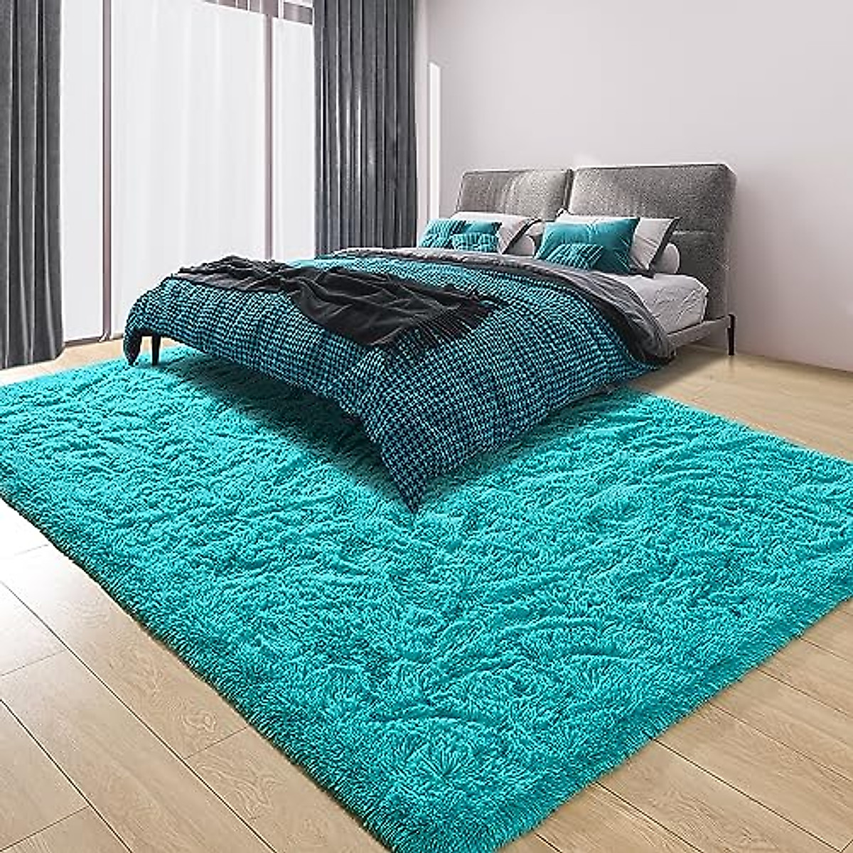 Quenlife Soft Bedroom Rug, Plush Shaggy Carpet Rug for Living Room, Fluffy Area Rug for Kids Grils Room Nursery Home Decor Fuzzy Rugs with Anti-Slip Bottom, 3 x 5ft, Teal Blue