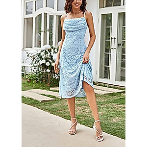 Women's Spaghetti Strap Cowl Neck Lace Dress Sleeveless Cocktail Wedding Guest Midi Dress M Blue
