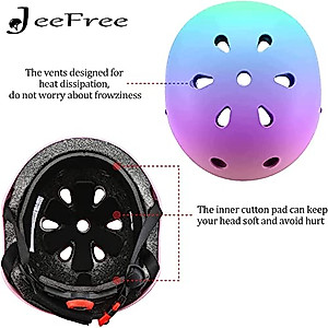 JeeFree Adjustable Gradient Color Skateboard Helmet for 3-5-8-14+Ages【Toddler Kids Youth Adult】 Girls Boys Woman.Bike Helmet for Multi-Sports Cycling Bicycle Scooter Inline Roller Skate Rollerblading