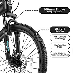 Ecarpat Mountain Bike 26 Inch Wheels, 21-Speed Trail Commuter City Mountain Bikes 17" Aluminum Frame for Men Women Bicycles Disc Brakes Front Suspension