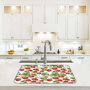 QsirBC Strawberry Fruits Leaves Reversible Dish Drying Mat for Kitchen Counter, 18"x 24", Sink Mat, Pet Feeding Mat, Coffee Bar Mat, Absorbent Microfiber Drainer Mat, Washable Quick Dry Pad