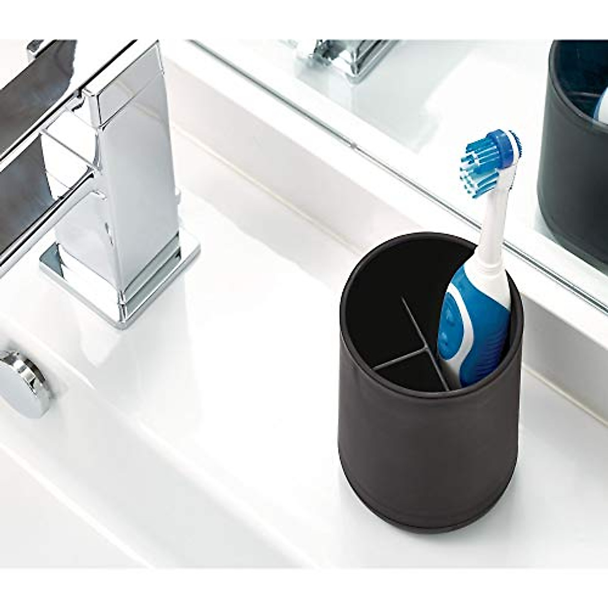 iDesign Cade Holder, Holds Normal Toothbrushes, Spin Brushes, and Toothpaste, 3" x 3" x 4. 5", Matte Black & Cade Holder, Holds Normal Toothbrushes, Spin Brushes, and Toothpaste-White and Gray