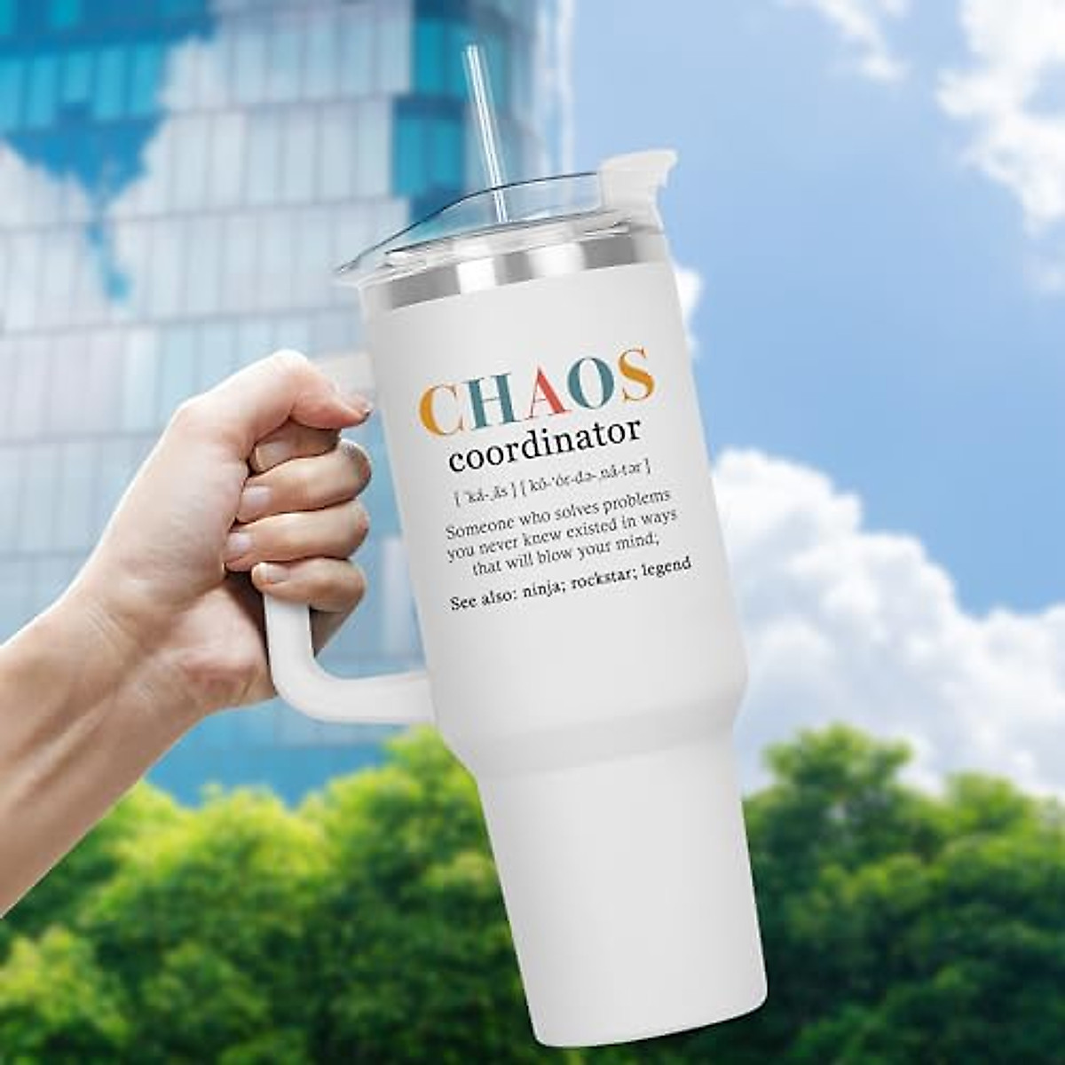 TEEZWONDER Funny Gifts for Women - Chaos Coordinator Insulated 40 Oz Tumbler With Handle - Birthday Thank You Gifts for Women Friends Coworkers Boss Colleagues Employee Teacher Nurse