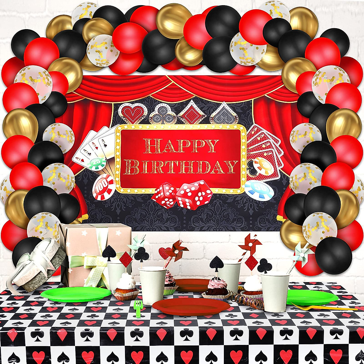 79 Pcs Casino Theme Party Decorations, Las Vegas Party Decorations Casino Birthday Party Decorations Supplies Include Casino Backdrop, Balloon Garland Kit, Tablecloth, Cake Toppers and Foil Balloons