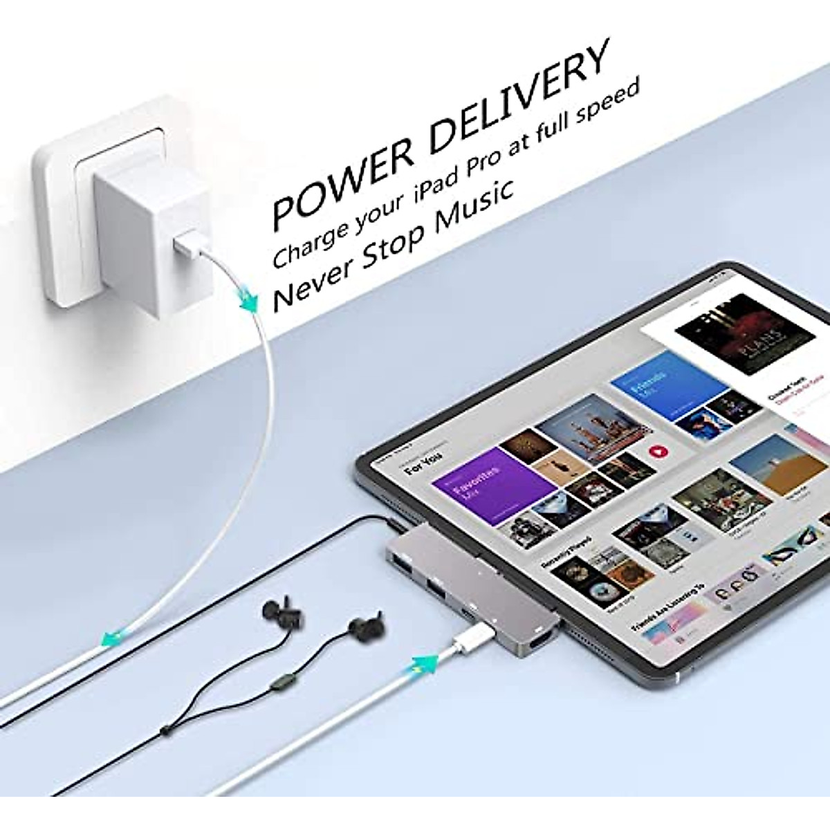 iPad Pro USB C Hub, 6-in-1 Adapter for iPad Pro 2021 iPad Air 5 Docking Station with 4K HDMI, 60W Power Delivery, 2 USB 3.0 & 3.5mm Headphone Jack, for MacBook Air, MacBook Pro, XPS, and More