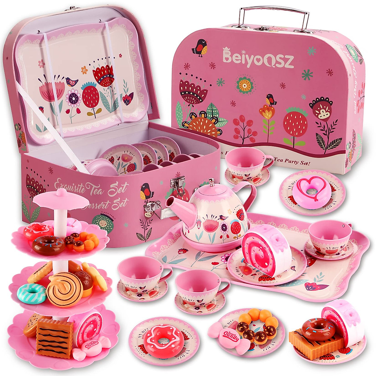 Tea Party Set for Little Girls, Princess Tea Time Toy with Food Sweet Treats Playset Carrying Case, Tea Set Birthday Gift Toys for 3 4 5 6 7 8 Year Old Girls Todler