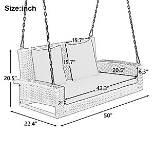 Eafurn 2-Person Wicker Hanging Porch Swing, Outdoor Patio Rattan Bench Loveseat Chair with Sturdy Steel Chain/Back and Seat Cushion and Pillows, Suitable for Deck, Backyard, Garden, Brown+Red