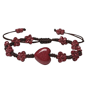 Xgimas Natural Cinnabar Bracelet, Adjustable Handmade Braided Rope Prosperity Flowers Good Lucky Red Heart Shaped Charm Bracelet for Women Men