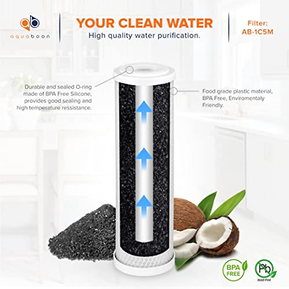 Reverse 10” x 2.5” Osmosis Coconut Carbon GAC Sediment RO Water Filters Set by Aquaboon