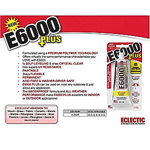 E6000 Eclectic Products inc. Plus Multi-purpose Clear Glue, Waterproof and Paintable, Strong Flexible Craft Adhesive for Wood, Glass, Fabric, Ceramic, Metal and More, 26.6ml