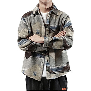 FindThy Men’s Brushed Flannel Shirts Ethnic Aztec Print Button Up Lapel Tribal Shirt Jacket Shacket(0682-Grey-L-LB)