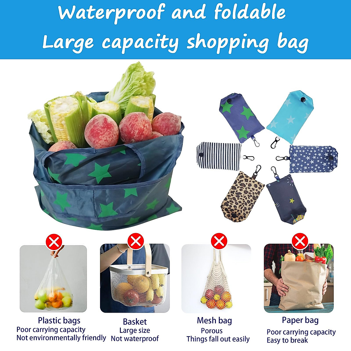 DXMWWTP Foldable Reusable Shopping Bags,Tote Bags, 6 Pack Grocery Bags with Hook, Eco-friendly Travel Recycle Shopping Bags in Pocket, Waterproof and Machine Washable for Daily Shopping Supplies load