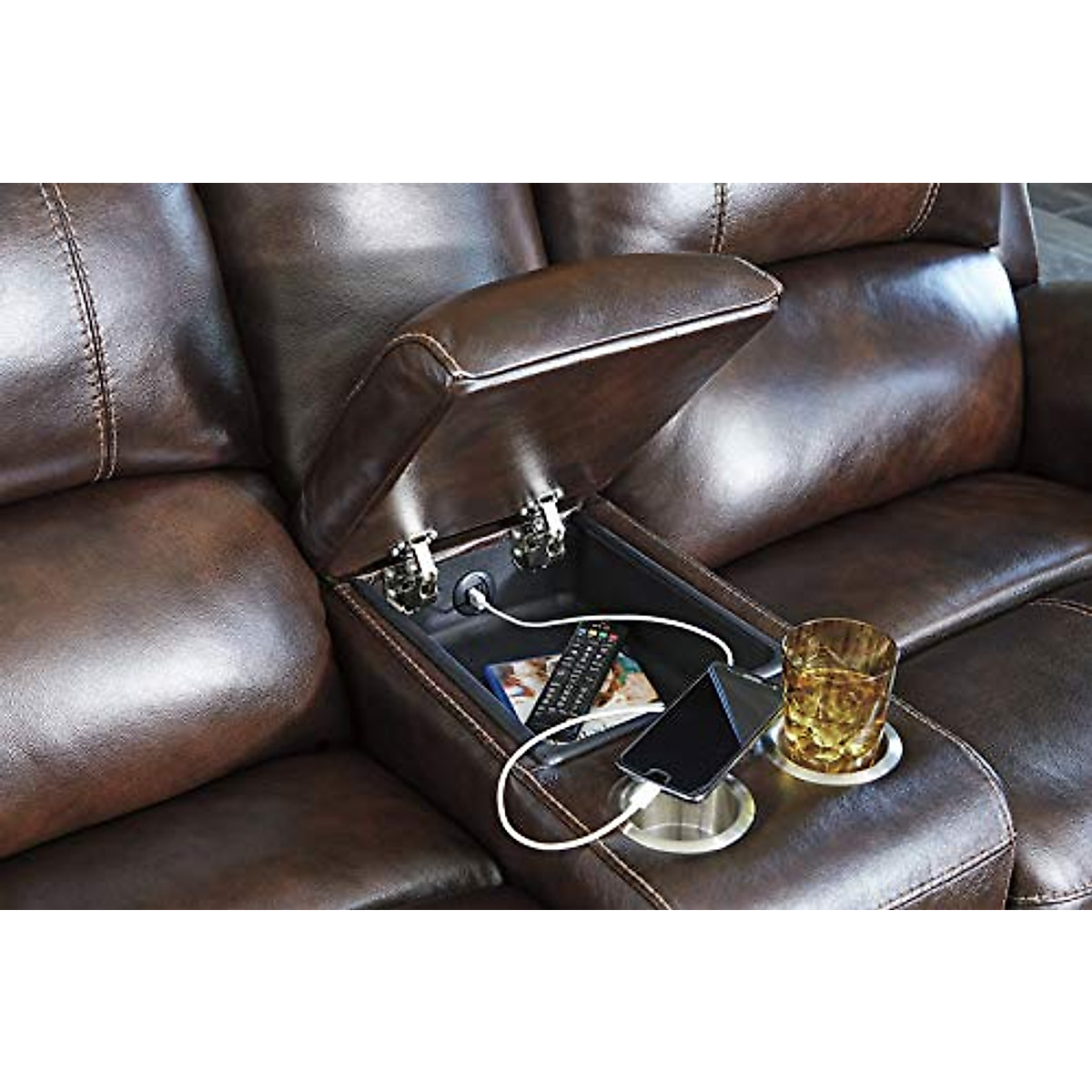 Signature Design by Ashley Buncrana Traditional Dual Sided Power Reclining Loveseat with Nailhead Trim, Center Storage Console and USB Port, Brown