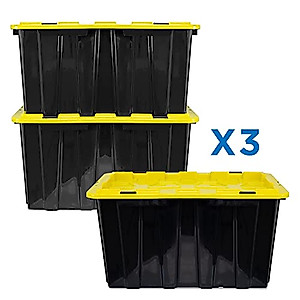 QTIQ 15.8 Gal. Heavy-Duty Plastic Storage Bins, Black and Yellow, 3 Count