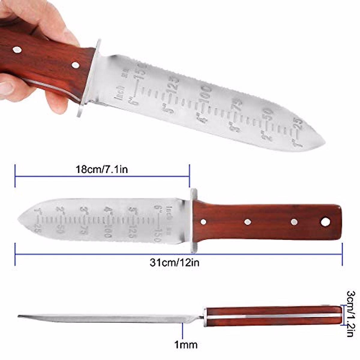 Hori Hori Garden Soil Knife Heavy Duty Weeding, Digging and Gardening Tools with 7 inch Double Edge Sharp Japanese Blade Leather Sheath, Full Tang Wood Handle Manual Sod Cutter