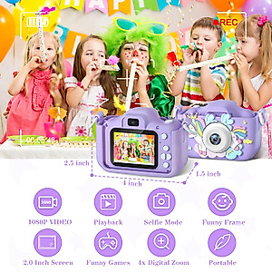 Anesky Kids Camera, Best Birthday for Girls/Boys Ages 3 4 5 6 7 8 9 10 11 12, Kids Digital Camera for Toddler with Video, Toy Camera for 3-12-Year-Olds Kids with 32GB Card - Purple