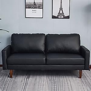 INSTORY Leather Sofa Modern Couch with Wooden Legs for Living Room, Office-Black