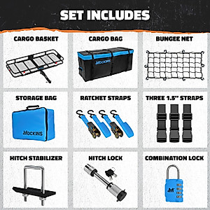 Mockins 60x20x6 Heavy-Duty Trailer Hitch Cargo Carrier 500lb Cap & 16 CuFt Soft Shell Waterproof Luggage Cargo Bag |Folding Hitch Cargo Carrier w/Net & Hitch Accessories |2" Receiver Hitch Cargo Rack