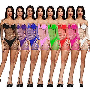 Vorifun Women Fishnet Lingerie Sleepwear One Piece Babydoll V-Neck Mini Dress One Size Pink