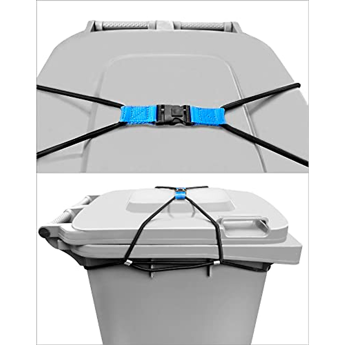 QWORK Trash Can Lock, 2 Pack Closed Garbage Lid Lock, for 30 - 50 Gallon Outdoor Trash Can, Bungee Cord Heavy Duty Animal Proof Trash Lid Lock for Dogs, Bears, Raccoons, Opossums