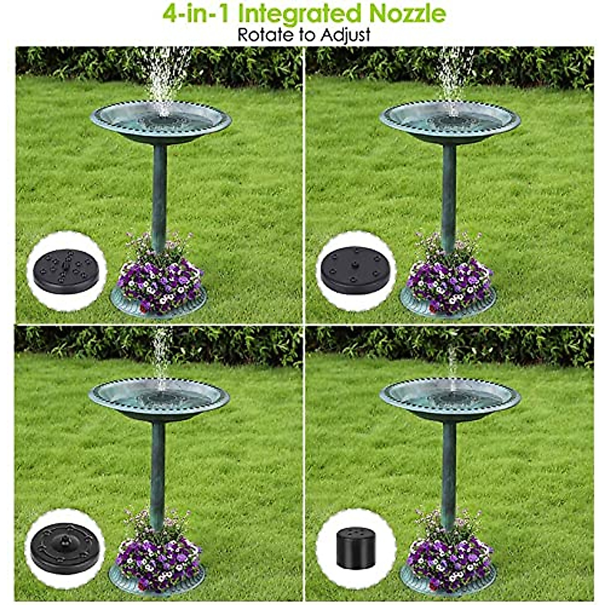 1.4W Solar Fountain Pump For Bird Bath,Floating Solar Water Fountain Free Standing Solar Pond Pump with 4 Nozzles,Solar Fountain for Garden Outdoor Aquarium,No Electricity Required-Flower 16cm(6.3inch