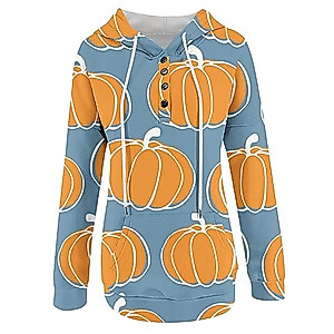 JDHUFEI Halloween Hoodie for Women Fall Casual Long Sleeve Pullover Pumpkin Print Drawstring Sweatshirt Button Loose Fit Tops