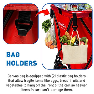 EasyGo Rolling Cart Folding Grocery Shopping Cart Laundry Basket Rolling Utility Cart with Wheels – Removable Canvas Bag - Versa Wheels & Rear Brakes - Easy Folding 120lbs Capacity – Copyrighted – RED