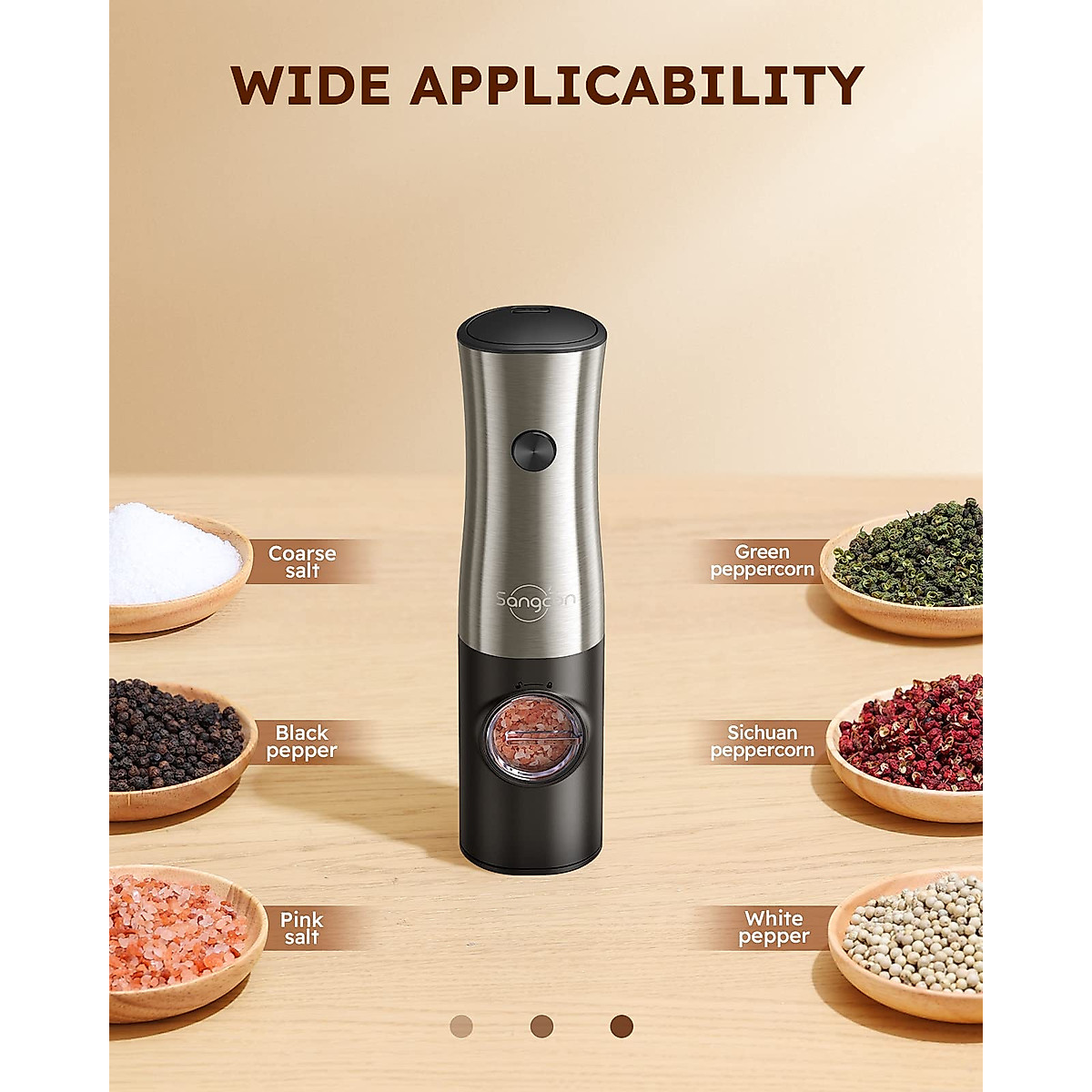 Sangcon Electric Salt and Pepper Grinder Set, Automatic Pepper Mills with LED Light, Battery Powered Salt and Pepper Shakers with Stand, Adjustable Coarseness, One-Handed Operation, Stainless Steel