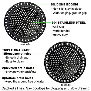 Seatery 2PCS Shower Hair Drain Catcher/Strainer/Cover/Filter/Trap, Bathtub Drain Strainer Hair Catcher, Hair Stopper for Bathroom Sink/Floor Drain, Stainless Steel and Silicone Drain Protector, Black