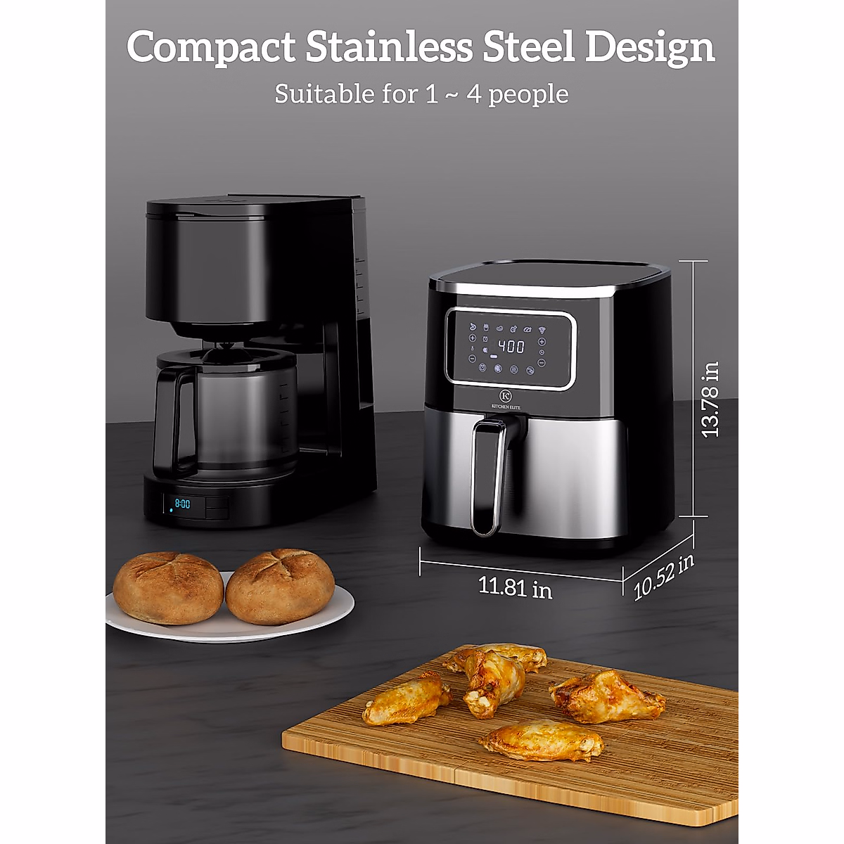 Air Fryer Oven 5.5Qt, 6 Presets Digital Display Compact Cooker,Space-saving, Nonstick & Dishwasher Safe Basket, Stainless Steel,Kitchen Elite