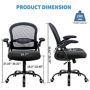 Office Chair Desk Chair, Ergonomic Home Office Task Chairs, Executive Task Chair, Adjustable MidBack Computer Gaming Chair, Flip-up Armrests 360° Swivel Breathable Mesh Back Chair, Black