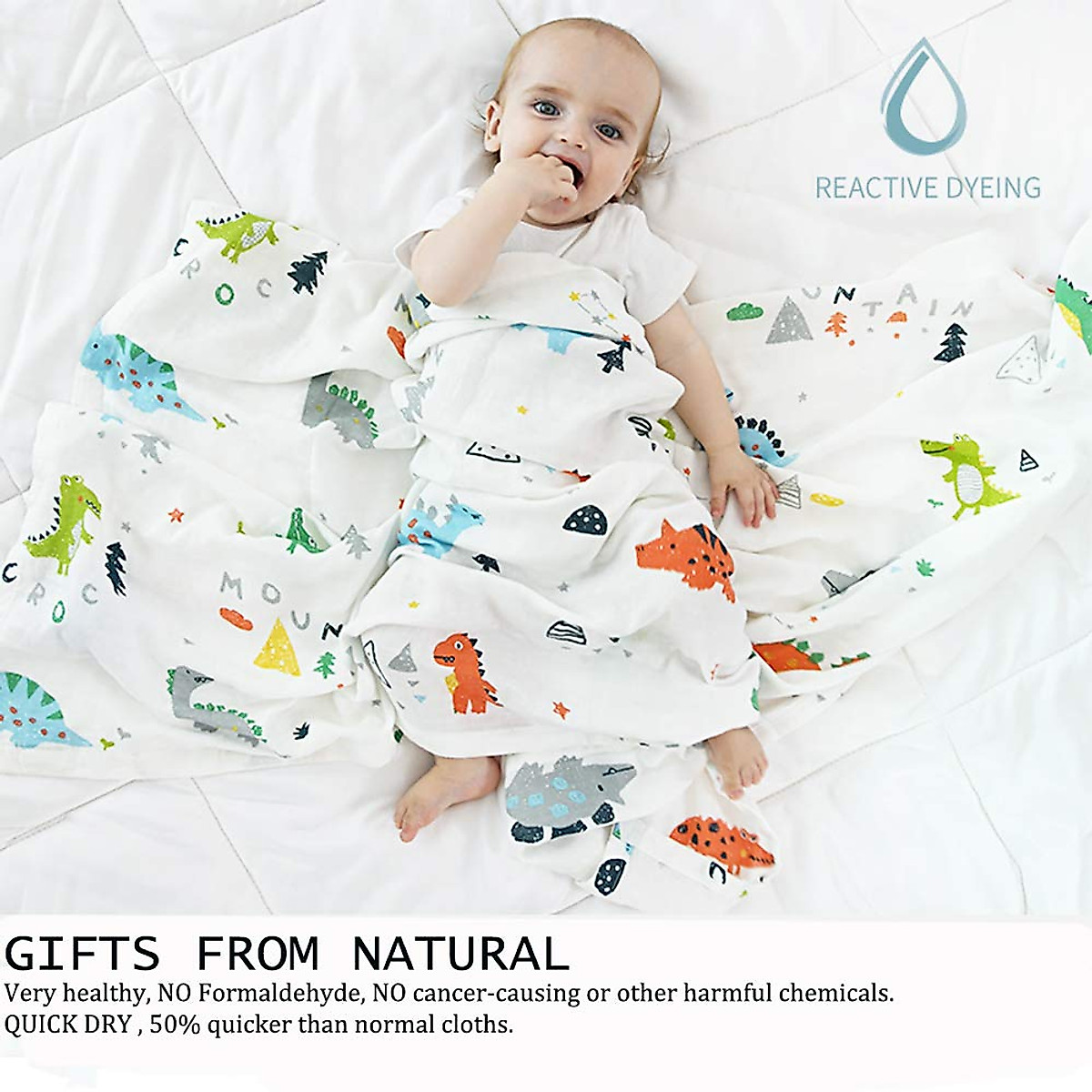 2 Pack Muslin Baby Swaddle Blanket Baby Nursery Bath Towel 6 Layers 43.3'' by 41.3'' Super Absorbent Premium Soft Natural for Sensitive Skin Baby 100% Organic Cotton