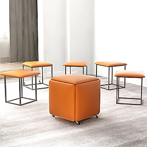 WAYUTO 5 in 1 PU Leather Seating Cube with Swivel Casters Stackable Sofa Chair Stool Nesting Ottoman Stool Movable Footstool Dressing Chair for Living Room Bedroom(White,Large)