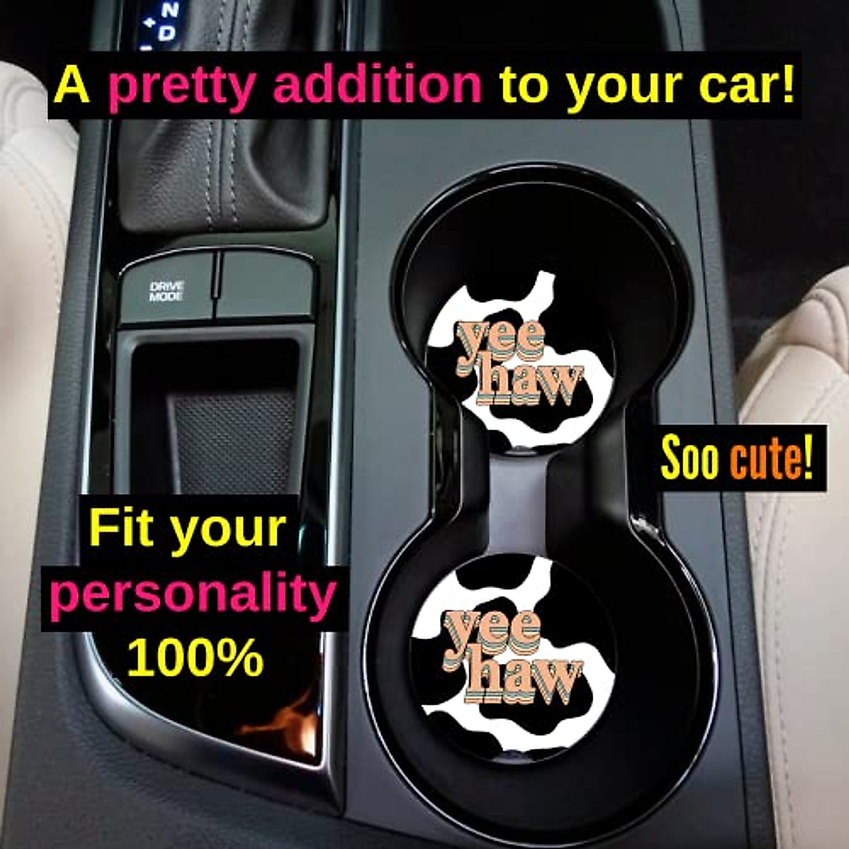 Upnow Pro Funny Car Coasters Cup Holders - 2 Pack, Cow Print Car Accessories Women, Farm Animal, Cute Car Cup Holder Coaster, Absorbent Ceramic Car Coaster Keep Cupholder Clean w/ Cork Base, Set of 2