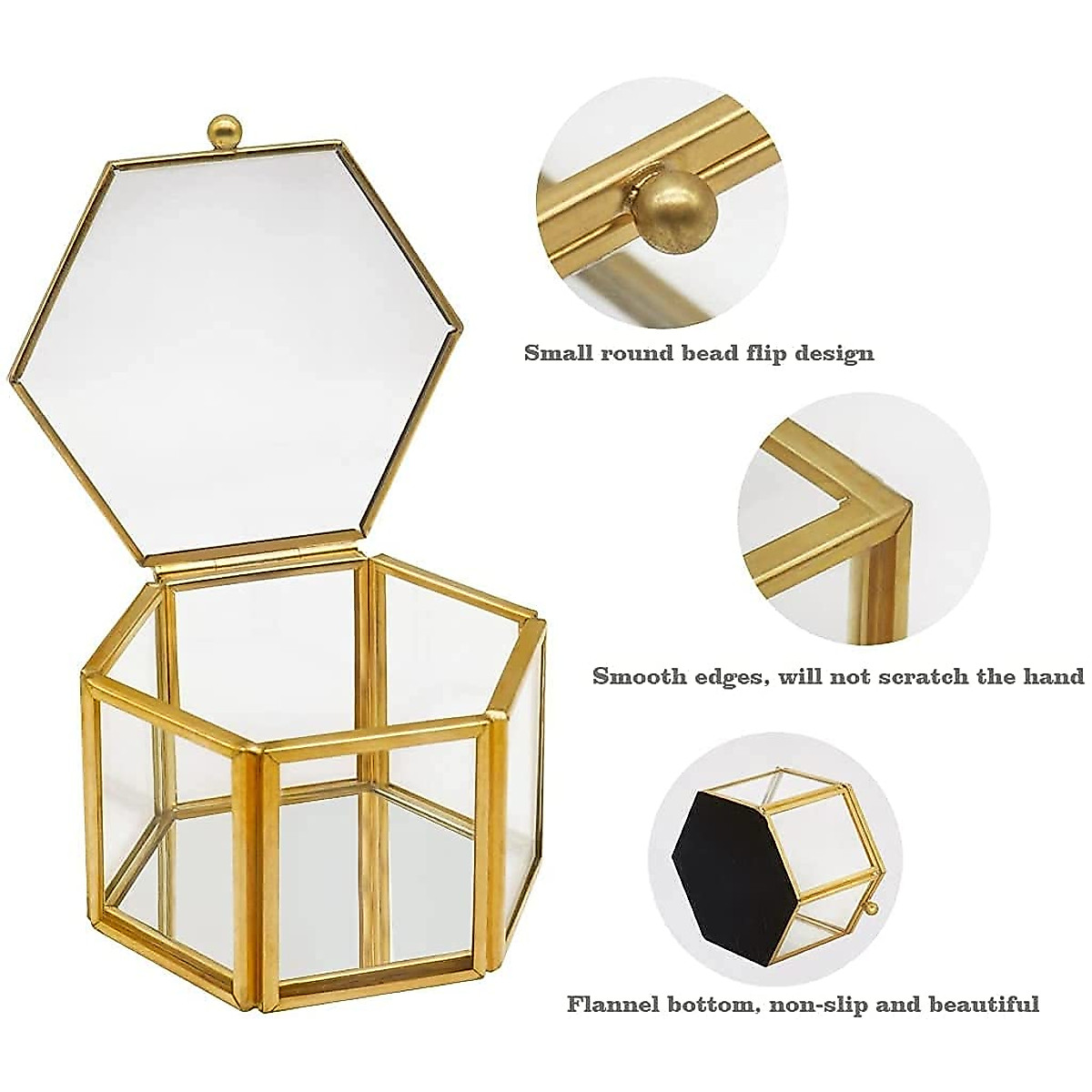 BEAUTY ONE HOME Small Glass Jewelry Box Golden Geometric Decorative Box Ring Earring Display Hexagon Keepsake Box for Wedding Birthday Gift