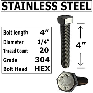 1/4" - 20 x 4-304-STAINLESS Steel Bolts, Nuts & WASHERS - 18-8 HEX Head Bolt - 304 Grade. General Purpose (10) Bolts + (10) Nuts + (10) Washers