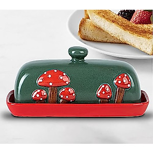 Mushroom Butter Dish With Lid For Countertop Ceramic Butterdish Red Butter Container Butter Tray Large Butter Dish Covered Butter Dish