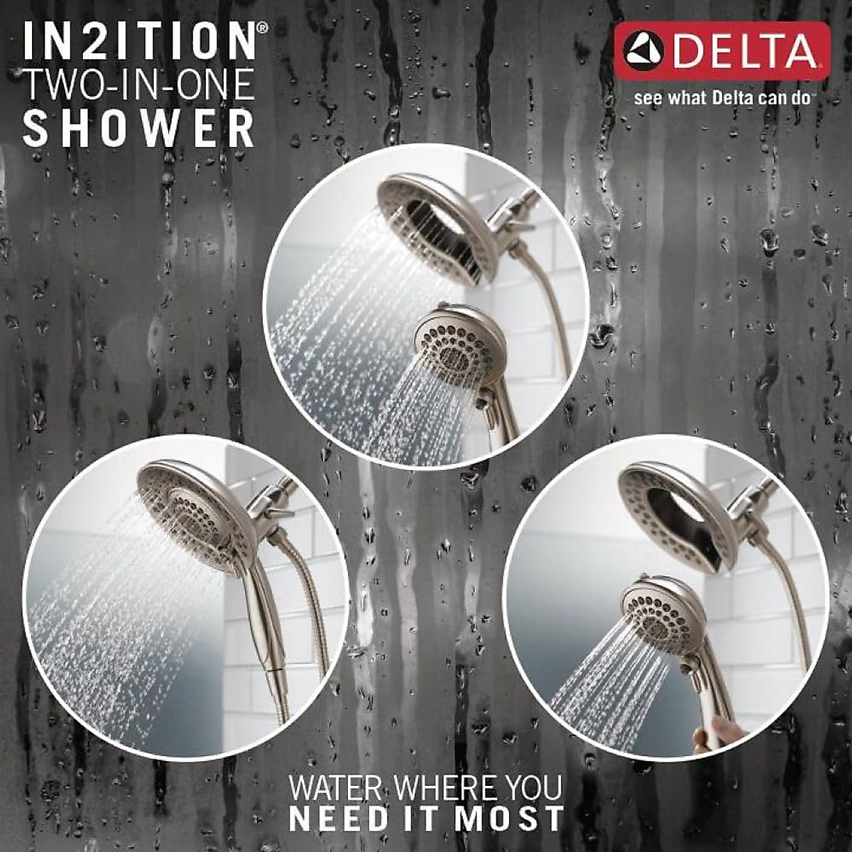 Delta Faucet 5-Spray In2ition 2-in-1 Dual Shower Head with HandHeld Spray, Brushed Nickel Hand Held Shower Head with Hose, Handheld Shower Heads, 2.5 GPM Shower Head, Stainless 58569-SS25-PK