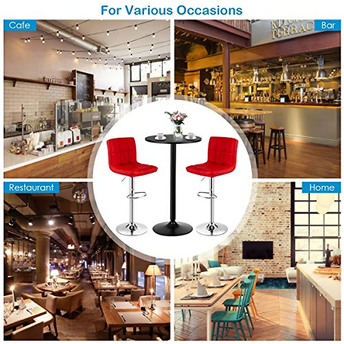 COSTWAY 3-Piece Bar Table Set, Round Cocktail Table and PU Leather Adjustable Swivel Chairs, Modern Counter Height Table Set with 2 Bar Stool for Kitchen, Office (Red)
