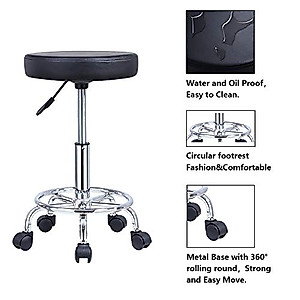 KKTONER PU Leather Round Rolling Stool with Foot Rest Swivel Height Adjustment Spa Drafting Salon Tattoo Work Office Massage Stools Task Chair Cushion 14 inches (Black)