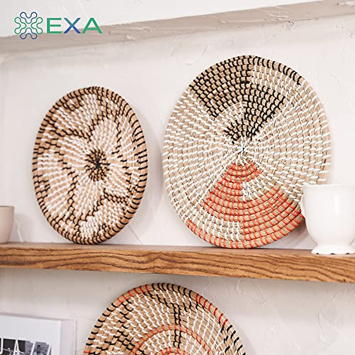 EXA Set of 6 Seagrass Wall Basket Cosmos Decor - Boho Farmhouse Rustic Room Style - for Thanksgiving Christmas Hanging Wall Art, Gift Idea, Table Settings - Handmade, Round, Natural Wicker