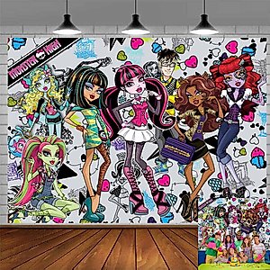 Monster High School Backdrop Wall Banner Decorating Kit Birthday Party Supplies Grils Birthday Decoration for Kids Background Banner 7x5Ft
