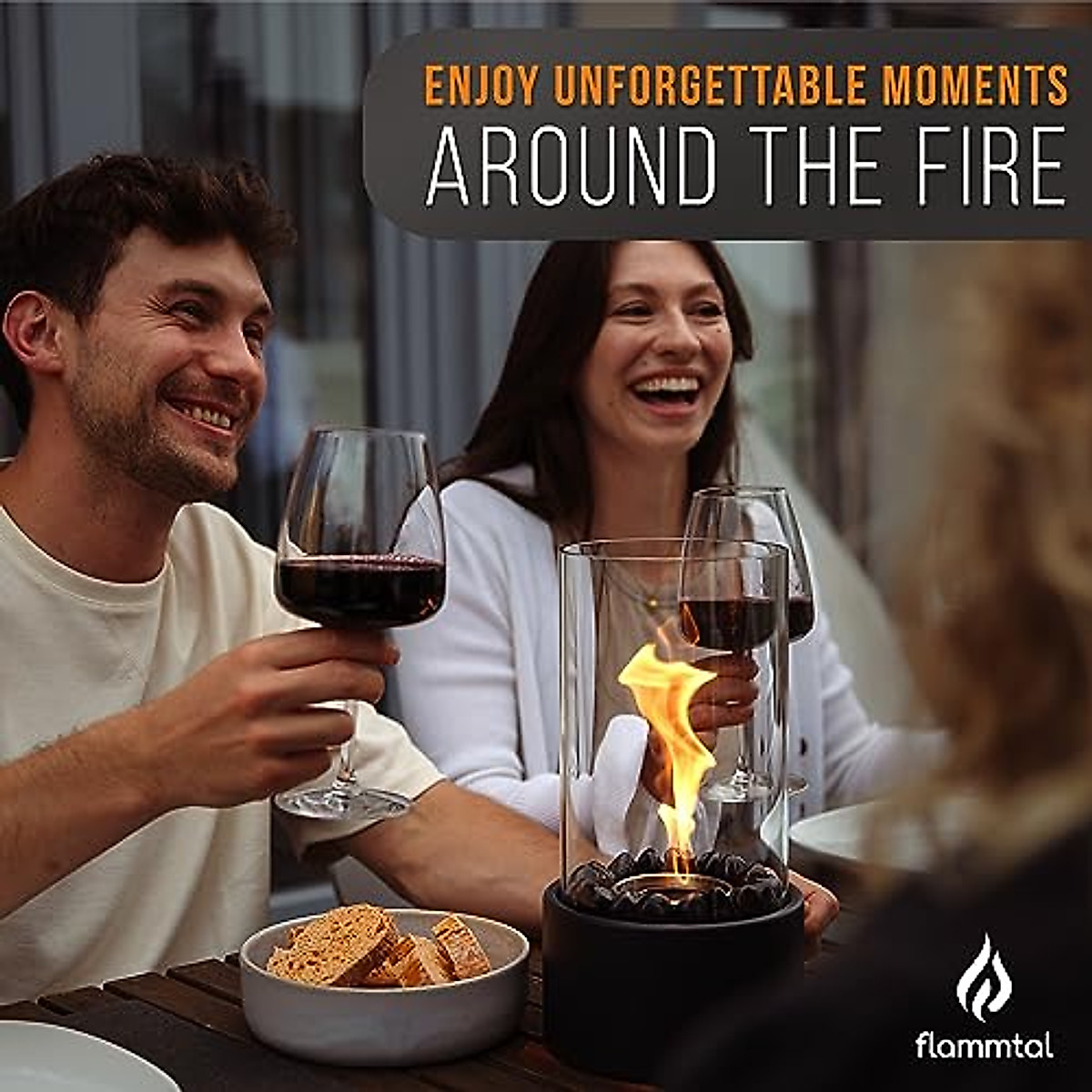 Flammtal Tabletop Fire Pit [4h Burning Time] - Indoor & Outdoor - Ethanol Table Top Fire Pit Bowl with Black & White Stones - Portable Fire Pit with 2 Combustion Chambers - Fire Bowl